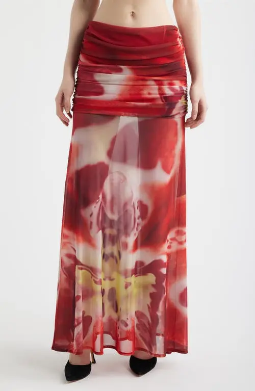 FENERS Susurro Print Ruched Mesh Maxi Skirt - Blush
