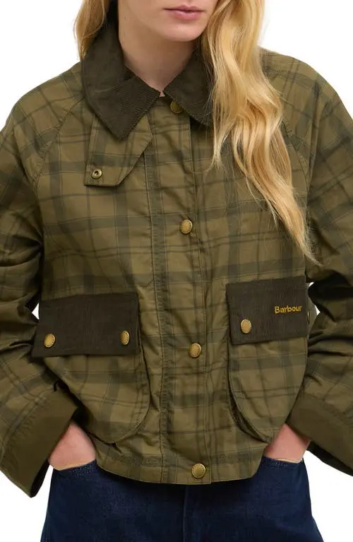 Barbour Beadnell Tartan Waxed Cotton Crop Jacket - Dusky Green Tartan/highland