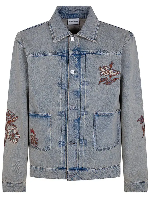 Drole De Monsieur Brodée Fleurs Dusty Denim Jacket - Beige