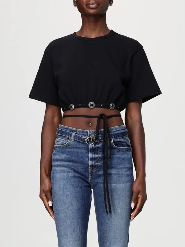 Pinko Cropped T-shirt With Embellished Hem - Black