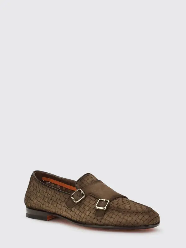 Santoni Woven Suede Monk Strap Shoes - Brown