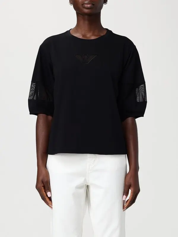 Emporio Armani Cotton T-shirt With Eagle Logo And Puff Sleeves - Black