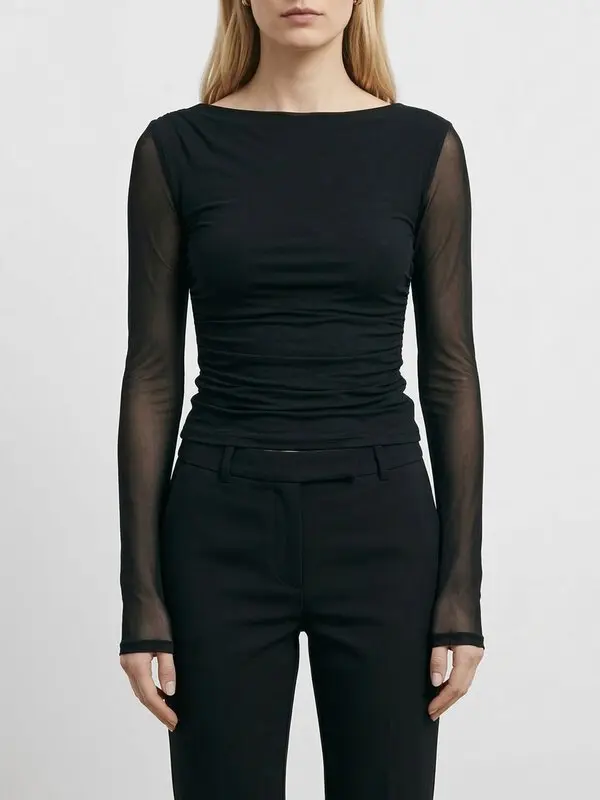 Patrizia Pepe Long Sleeve Sheer Mesh Top - Black