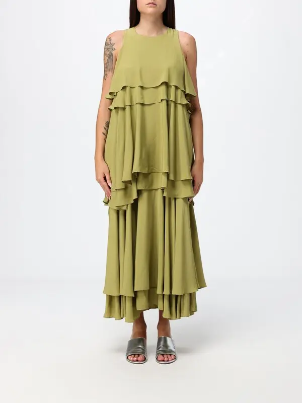AMI Paris Silk Blend Maxi Dress With Ruffles And Embroidery - Green