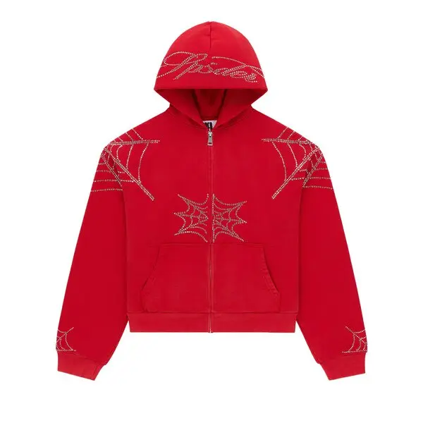 SP5DER Rhinestone Web Zip Up Hoodie - Red