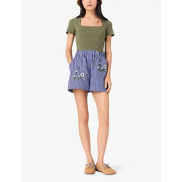 Maje Striped Floral-embroidered Cotton-blend Shorts