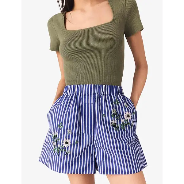 Maje Striped Floral-embroidered Cotton-blend Shorts