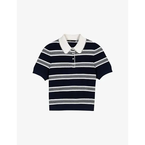 Maje Striped Rhinestone-trim Knitted Polo Shirt - Ecru/navy Blue