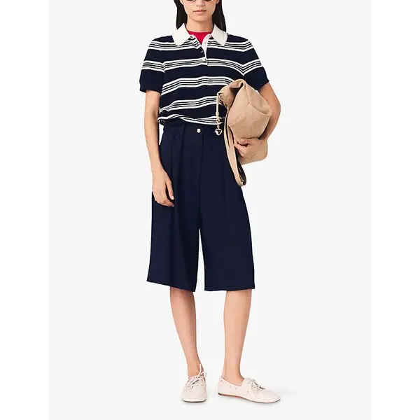 Maje Striped Rhinestone-trim Knitted Polo Shirt - Ecru/navy Blue