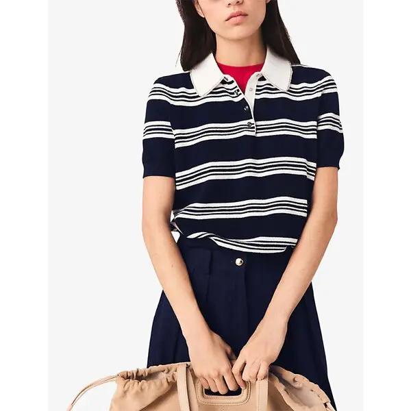 Maje Striped Rhinestone-trim Knitted Polo Shirt - Ecru/navy Blue