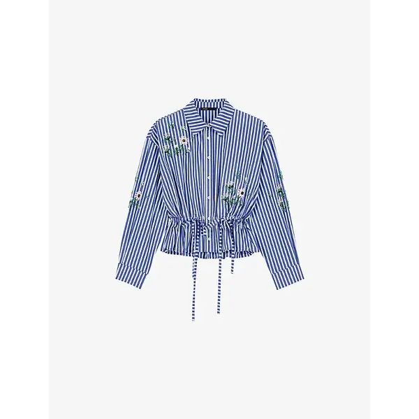Maje Striped Floral-embroidered Cotton-blend Shirt