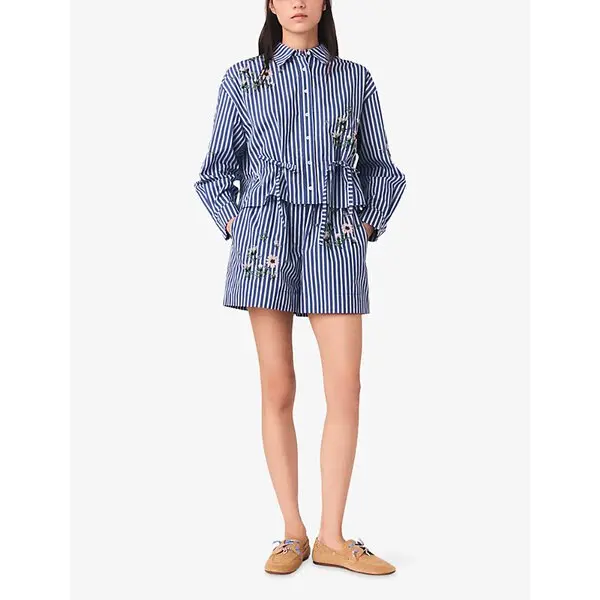 Maje Striped Floral-embroidered Cotton-blend Shirt