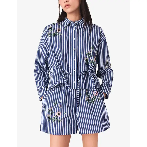 Maje Striped Floral-embroidered Cotton-blend Shirt