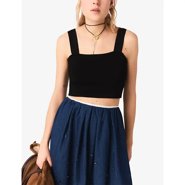Maje Cropped Square-neck Stretch-knit Top - Black