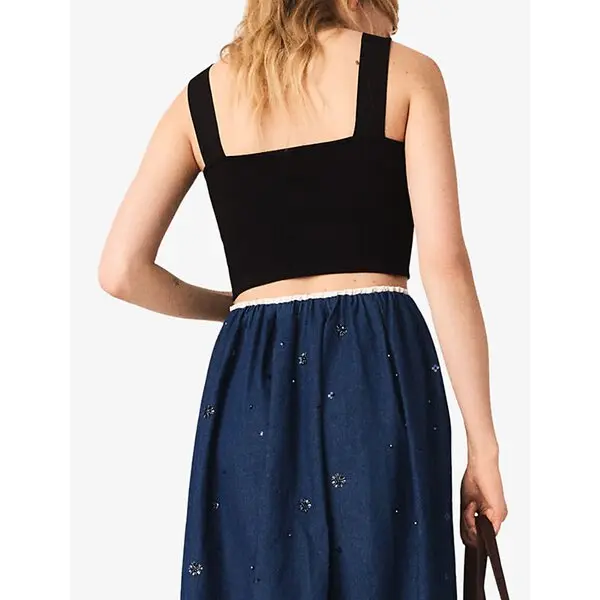 Maje Cropped Square-neck Stretch-knit Top - Black