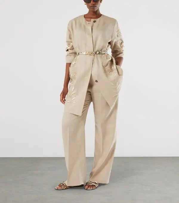 Marina Rinaldi Linen Embroidered Belted Jacket