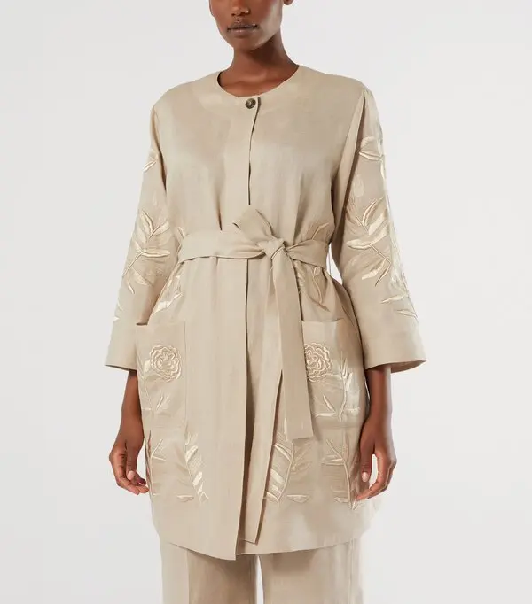Marina Rinaldi Linen Embroidered Belted Jacket