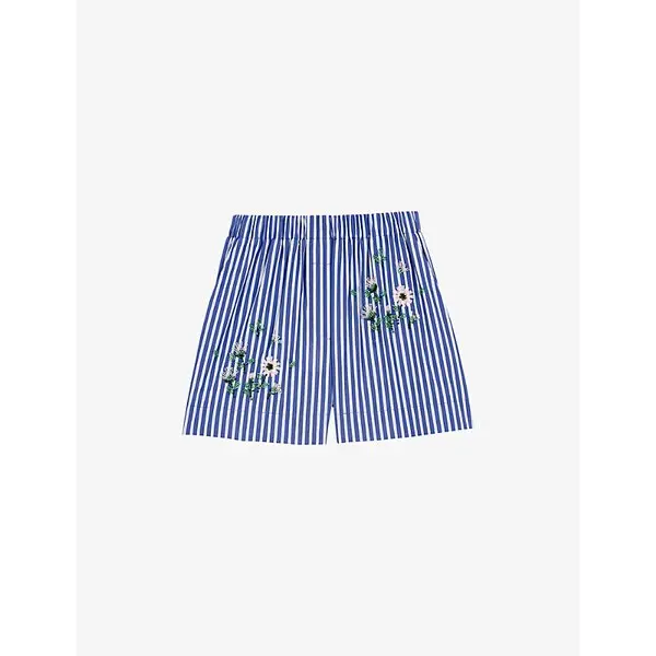Maje Striped Floral-embroidered Cotton-blend Shorts - White/blue