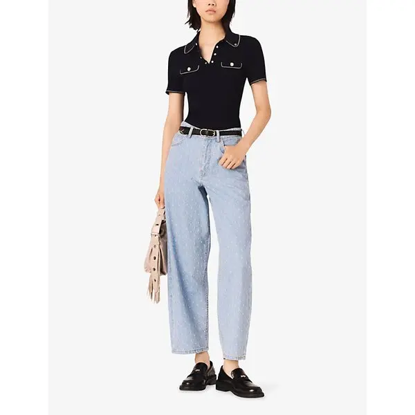 Maje Short-sleeved Ribbed Knitted Polo Shirt - Navy