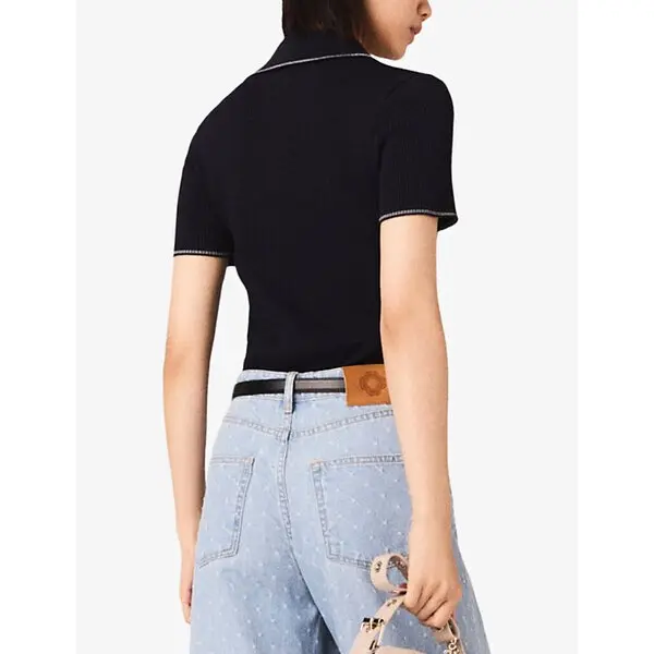 Maje Short-sleeved Ribbed Knitted Polo Shirt - Navy