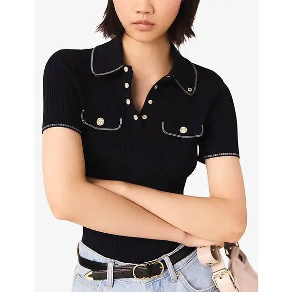 Maje Short-sleeved Ribbed Knitted Polo Shirt - Navy