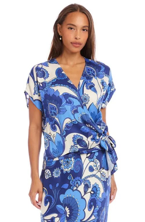Karen Kane Satin Wrap Top - Blue Print