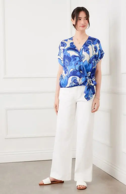 Karen Kane Satin Wrap Top - Blue Print