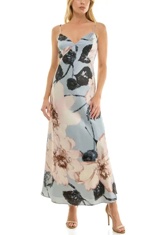 SOCIALITE Floral Print Stretch Satin Slipdress - Blue Ivory