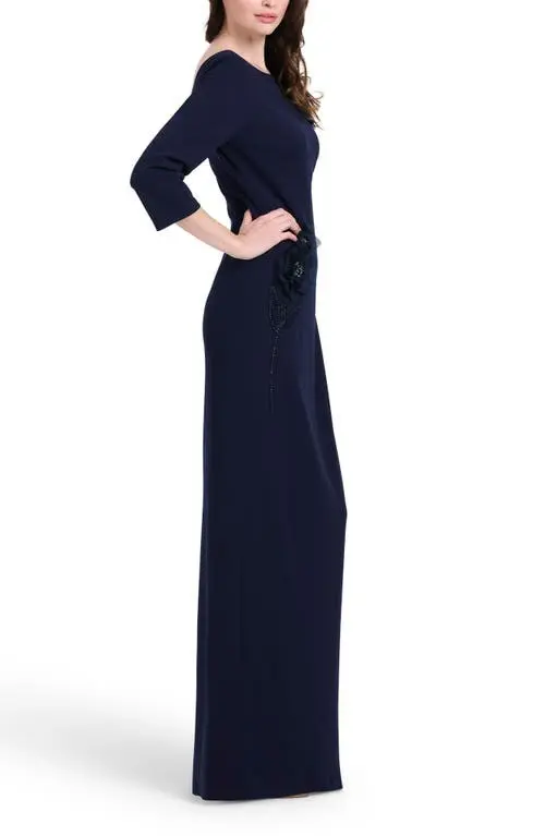 EMILY SHALANT Stretch Crepe Floral Appliqué Gown