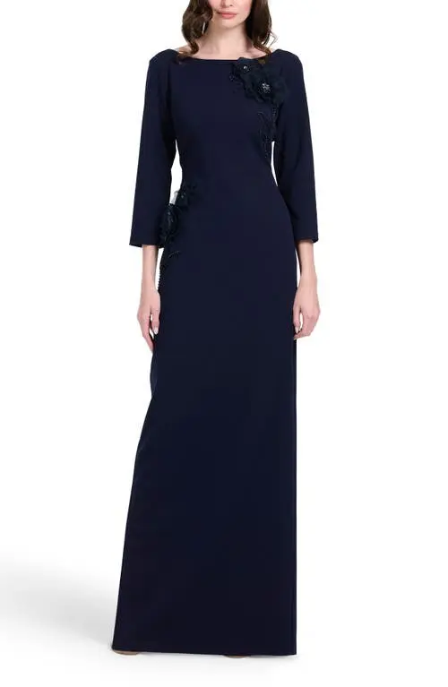 EMILY SHALANT Stretch Crepe Floral Appliqué Gown - Navy