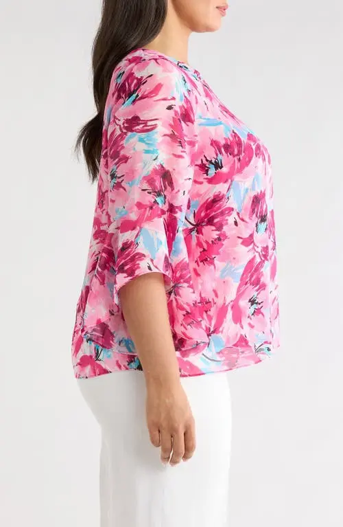 KASPER Floral Print Ruffle Top - Lily White Multi