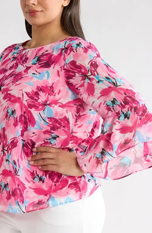 KASPER Floral Print Ruffle Top - Lily White Multi
