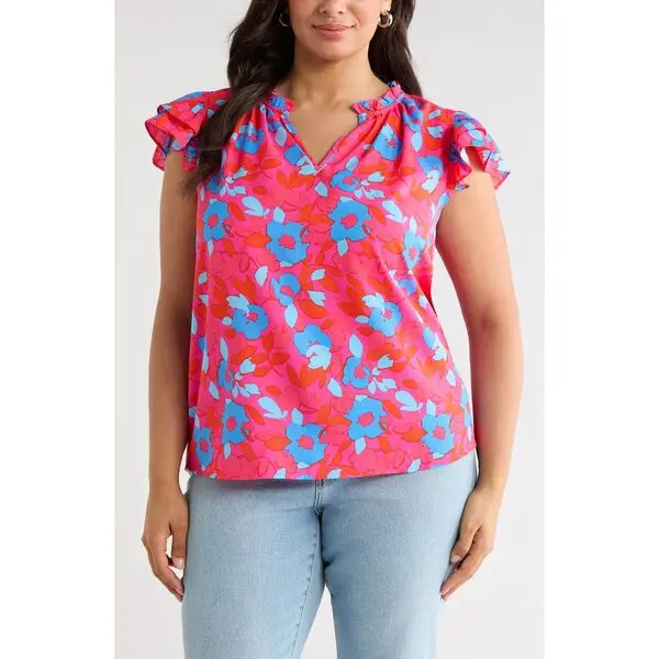 SUGARLIPS Floral Ruffle Cap-sleeve Top - Fuchsia-blue-multi