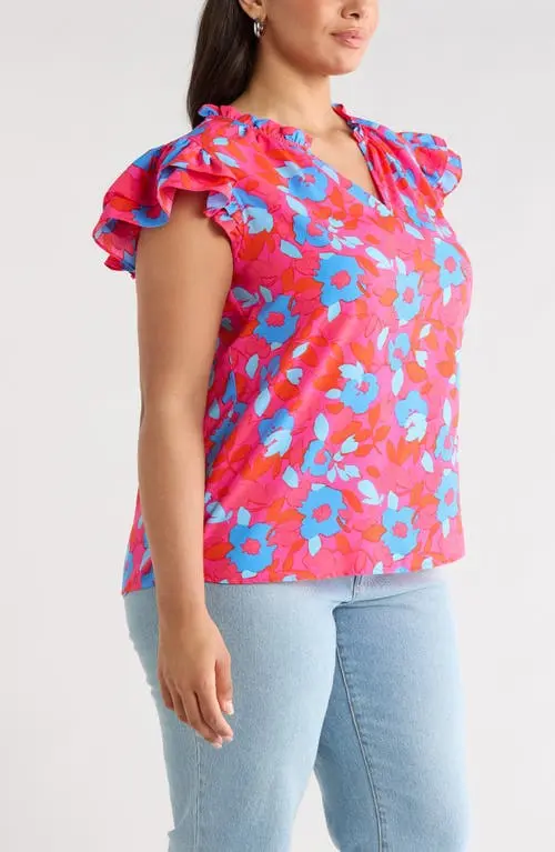 SUGARLIPS Floral Ruffle Cap-sleeve Top - Fuchsia-blue-multi
