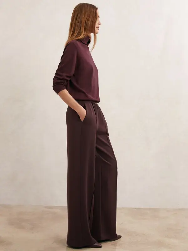 REISS Elasticated-waist Wide-leg Trousers - Burgundy