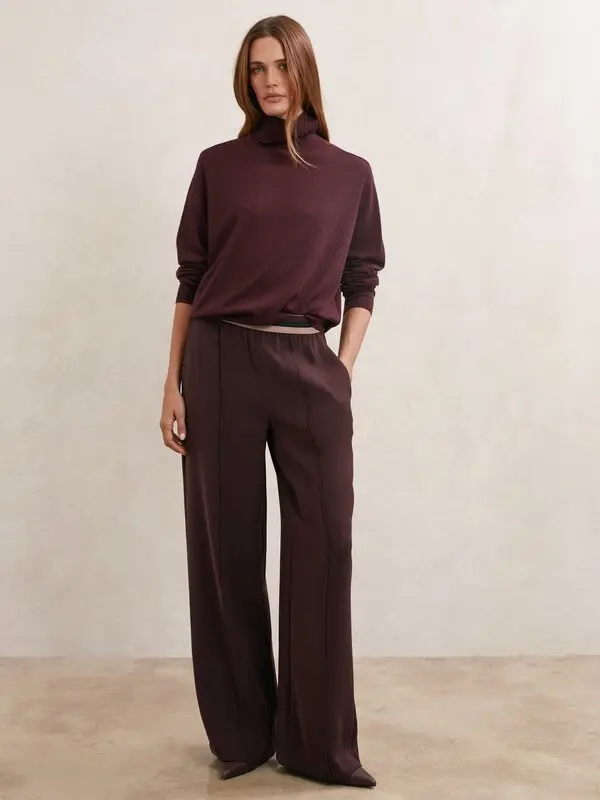 REISS Elasticated-waist Wide-leg Trousers - Burgundy