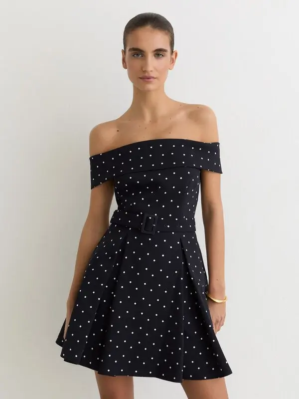 REISS Arwen Polka-dot Off-shoulder Mini Dress - Navy/ivory