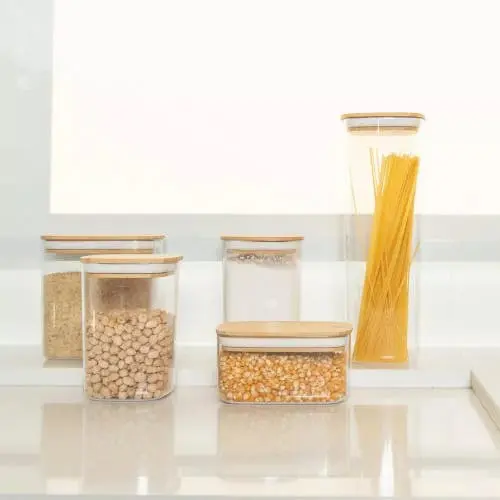 OU Stackable Airtight Food Storage Container Set With Wood Lid 8 Piece