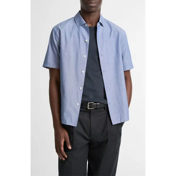 Vince Lightweight Short Sleeve Cotton Chambray Button-up Shirt - Indigo