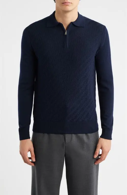 AURELIEN Basket Weave Stitch Long Sleeve Quarter Zip Polo Sweater