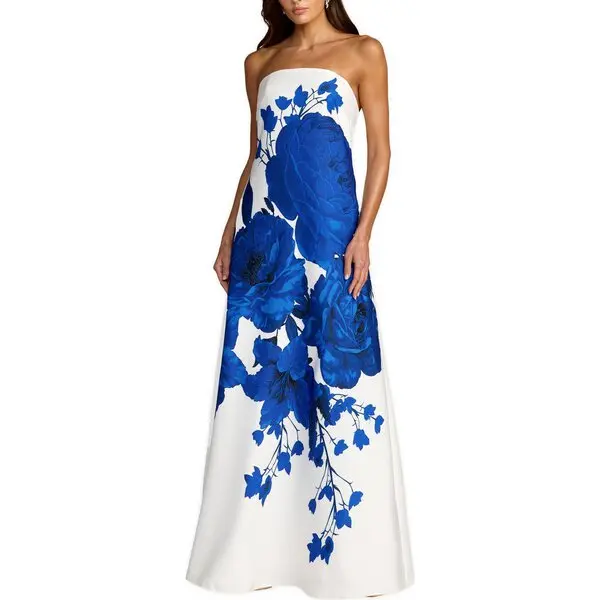 Mac Duggal Floral Printed Strapless Trapeze Gown - White Multi