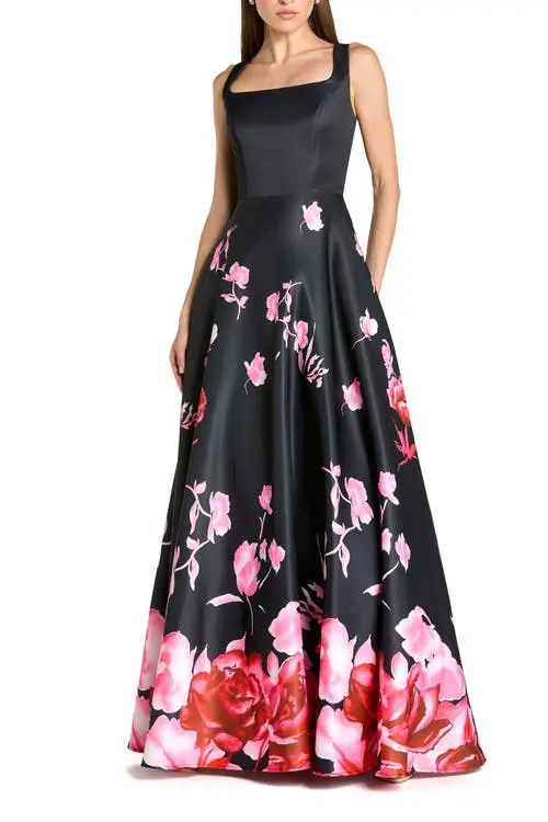 Mac Duggal Printed Satin Sleeveless Ballgown - Black Multi