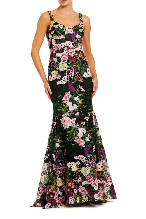 Mac Duggal Sleeveless Embroidered Mermaid Gown - Black Multi
