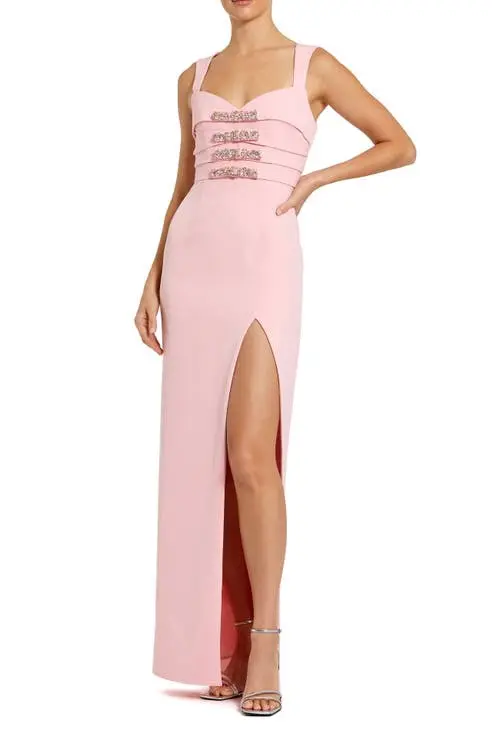 Mac Duggal Sleeveless Crepe Gown With Bow Embellishments - Blush