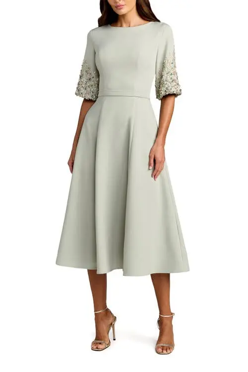 Mac Duggal Crepe A-line Midi Dress With Beaded Sleeves - Sage