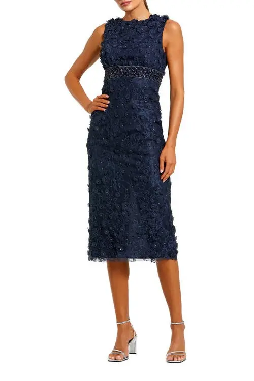 Mac Duggal Floral Applique Sleeveless Midi Sheath Dress - Midnight