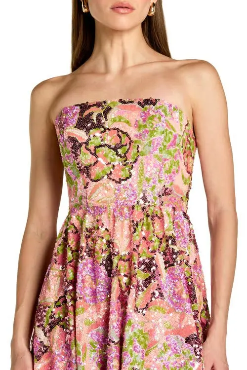 Mac Duggal Floral Sequin Strapless A-line Midi Dress