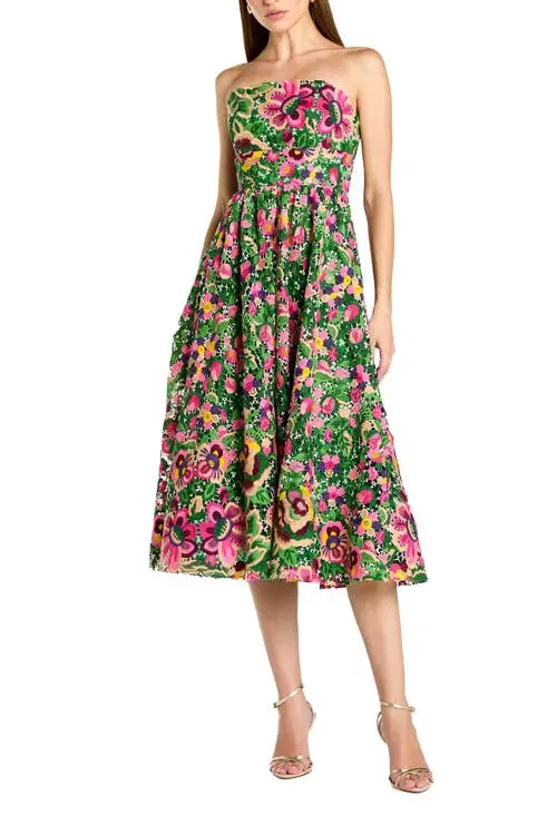 Mac Duggal Floral Embroidered Strapless Midi Dress - Green Multi