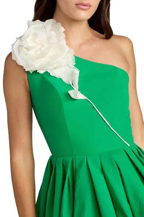 Mac Duggal One-shoulder Floral Appliqué Bubble Mini Dress