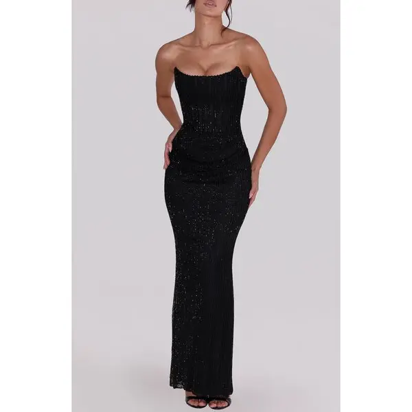 House Of Cb Alicia Hand Beaded Strapless Mermaid Gown - Black